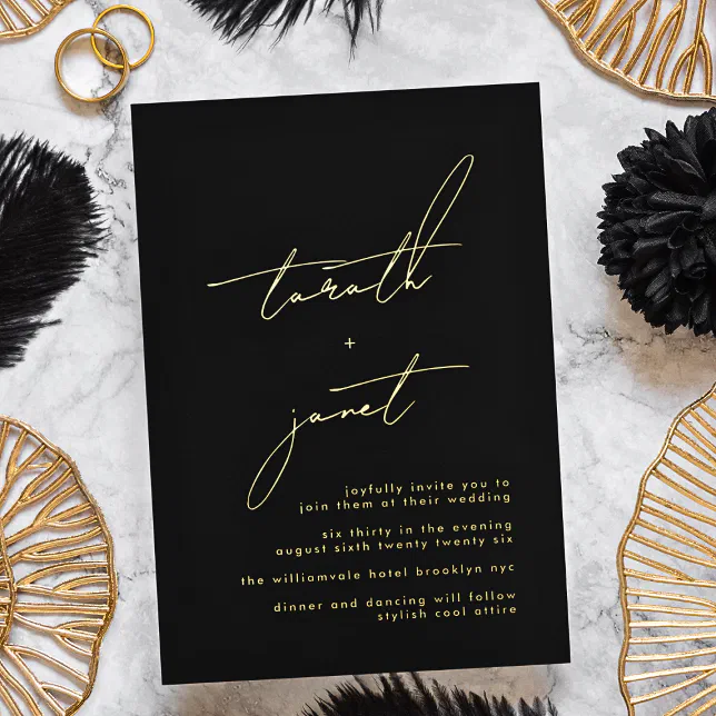 Premium NAMES | Stylish Black & GOLD Wedding Foil Invitation | Zazzle