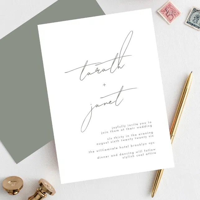 Premium NAMES | Stylish Sage Green White Wedding Invitation | Zazzle