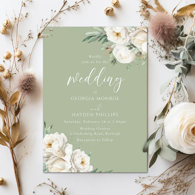 Premium Sage & White Floral Wedding Invitation | Zazzle