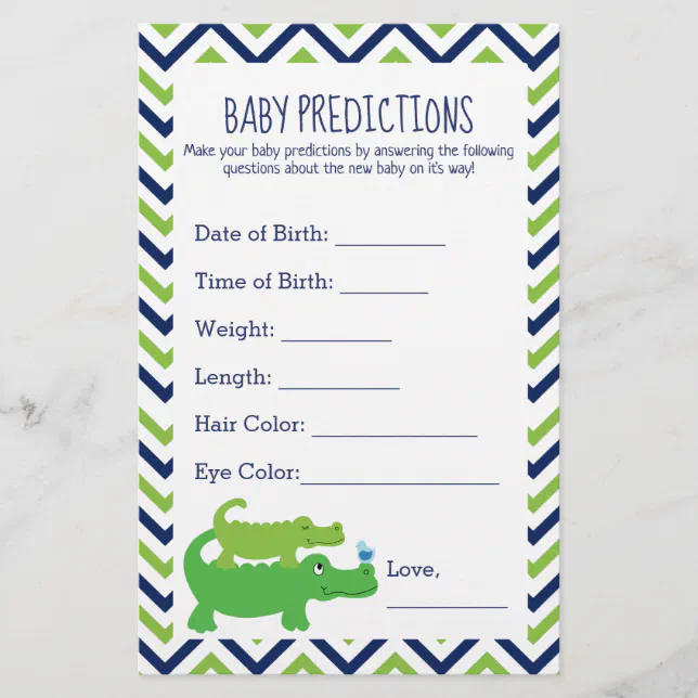 Preppy Alligator Baby Shower Predictions Card | Zazzle