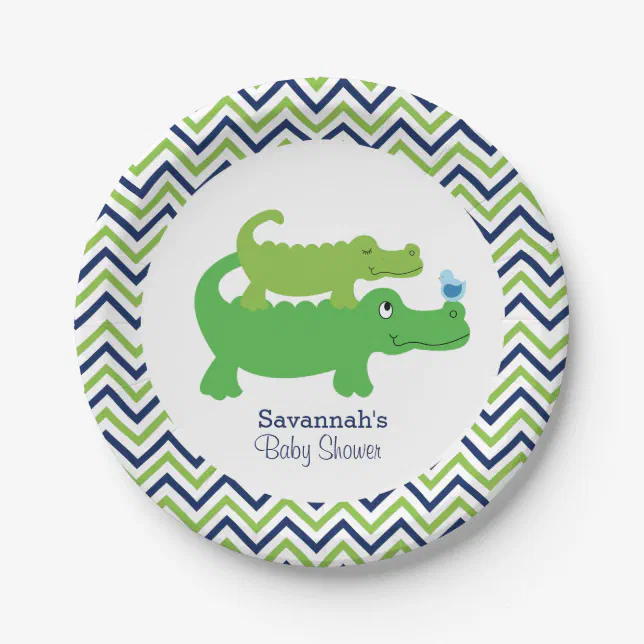 Preppy Alligator Chevron Baby Shower Paper Plate | Zazzle