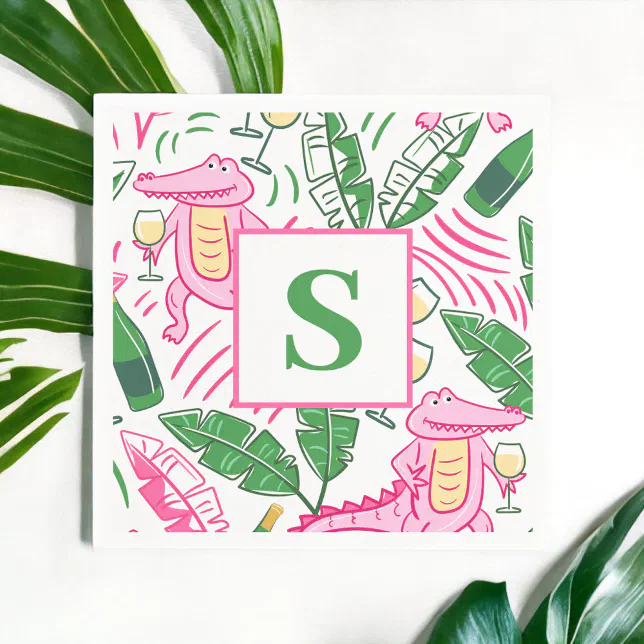 Preppy Alligator Wine Pink Green Monogram Napkins | Zazzle