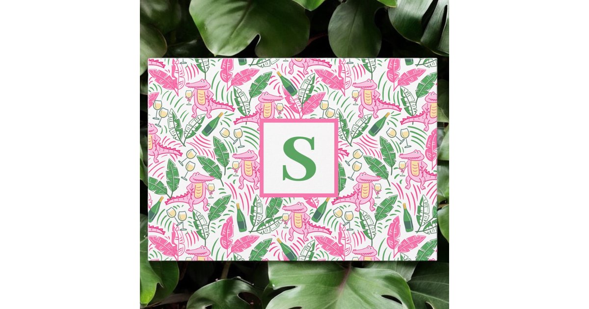 Preppy Alligator Wine Pink Green Monogram Thank You Card | Zazzle