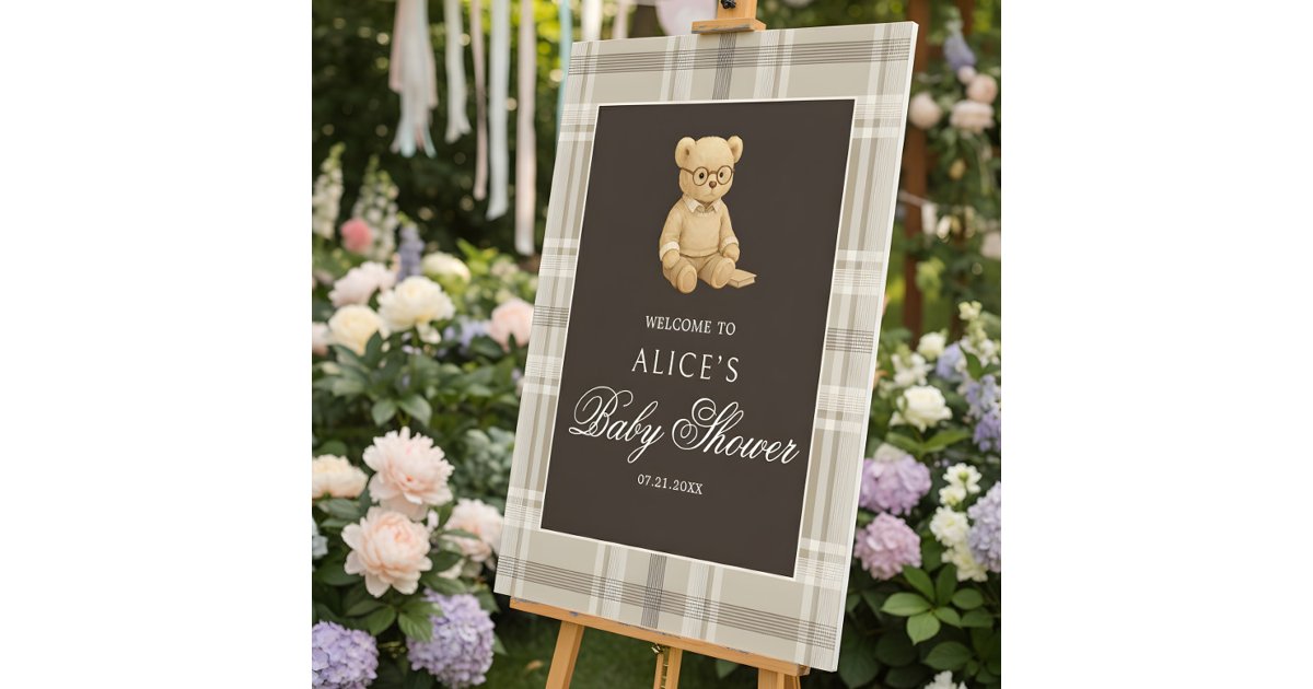 Preppy Bear Neutral Tone Welcome Sign Baby Shower | Zazzle