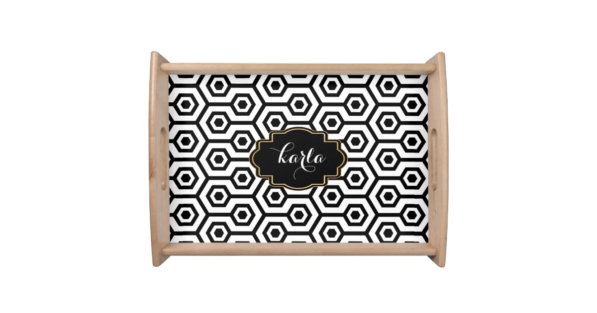 Preppy Black And White Octagonal Pattern Serving Tray | Zazzle