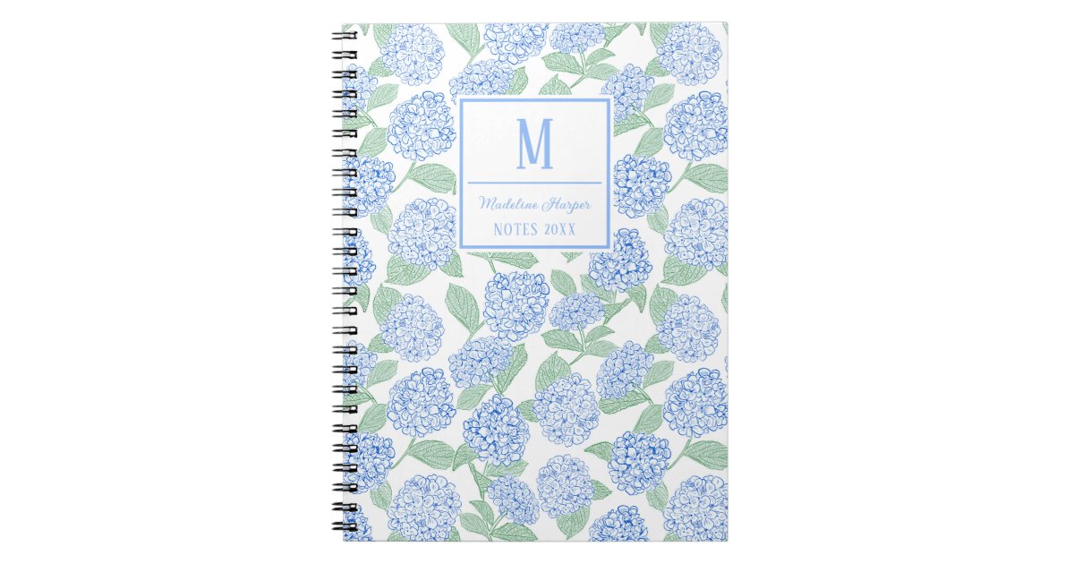 Preppy Blue and Green Hydrangeas Monogram Notebook | Zazzle
