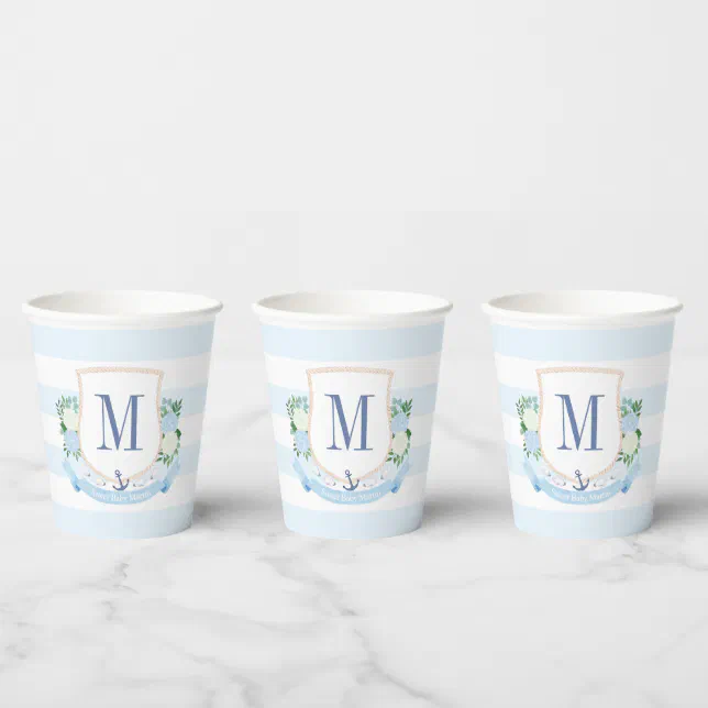Preppy Blue And White Coastal Crest Baby Shower Paper Cups | Zazzle
