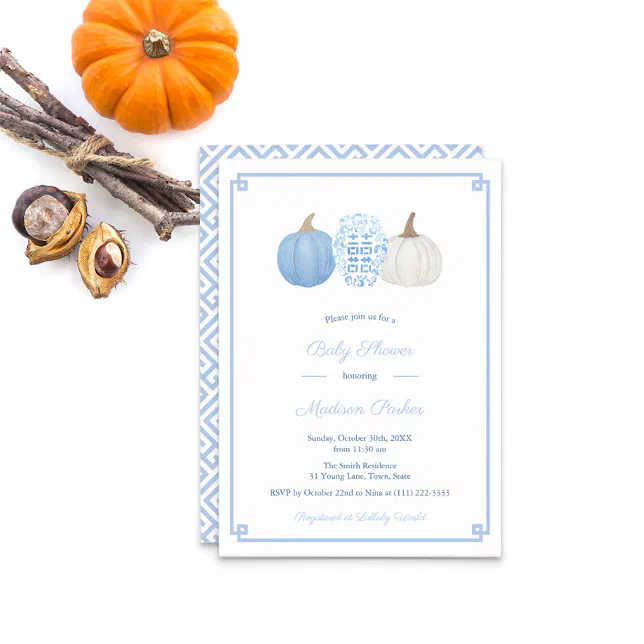 Preppy Blue And White Pumpkin Autumn Baby Shower Invitation | Zazzle