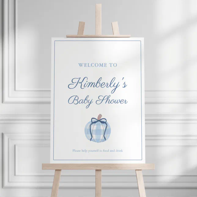 Preppy Blue Check Pumpkin Baby Shower Welcome Sign | Zazzle