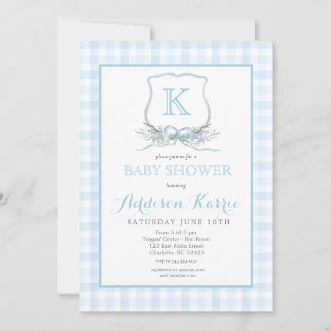 Preppy Blue Gingham Crest Baby Shower Invitation | Zazzle