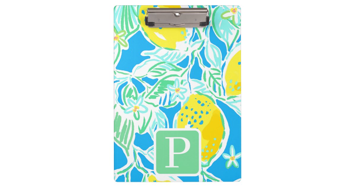 Preppy Blue Lemon Pattern Initial Clipboard | Zazzle