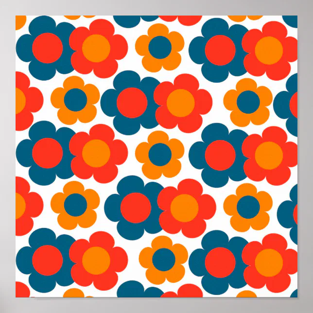 Preppy Blue Orange Hippie Flower Pattern Poster | Zazzle
