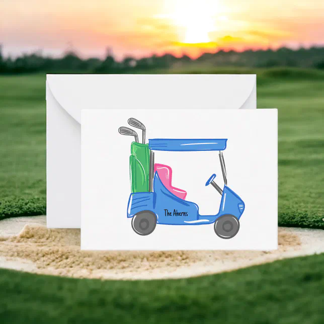 Preppy Blue Personalized Golf Cart Note Card | Zazzle