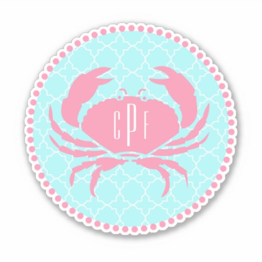 Preppy Blue Pink Monogram Quatrefoil Crab Sticker | Zazzle