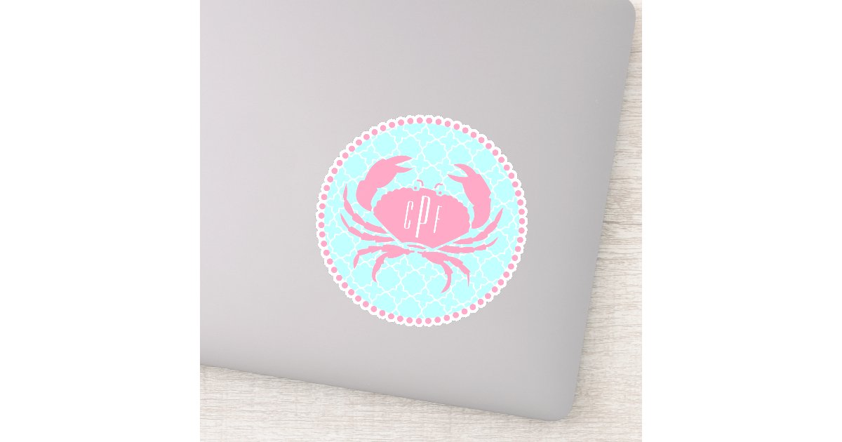Preppy Blue Pink Monogram Quatrefoil Crab Sticker | Zazzle