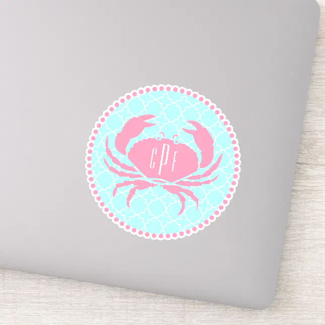 Preppy Blue Pink Monogram Quatrefoil Crab Sticker | Zazzle