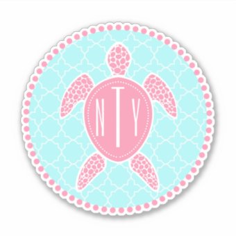 Preppy Blue Pink Monogram Quatrefoil Sea Turtle Sticker | Zazzle