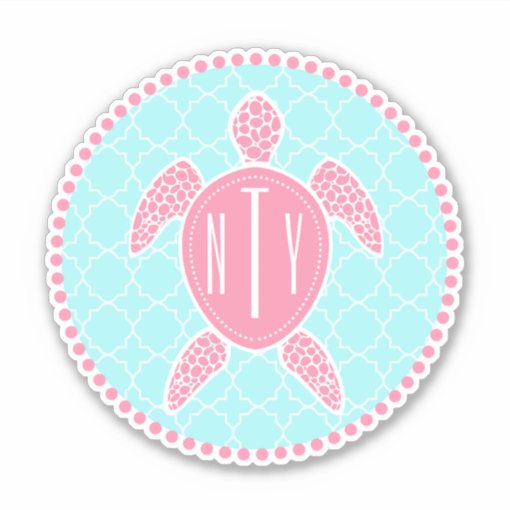 Preppy Blue Pink Monogram Quatrefoil Sea Turtle Sticker | Zazzle