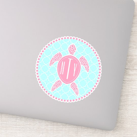 Preppy Blue Pink Monogram Quatrefoil Sea Turtle Sticker | Zazzle.com
