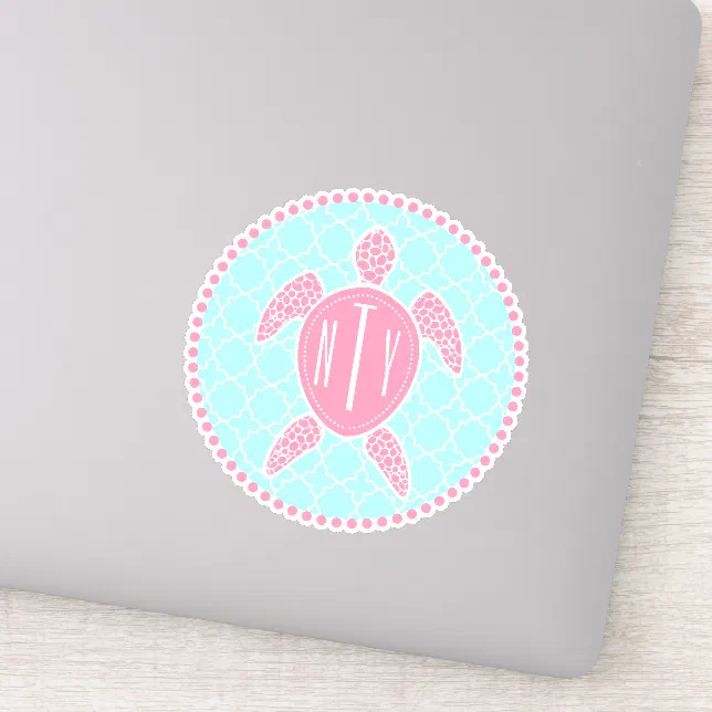Preppy Blue Pink Monogram Quatrefoil Sea Turtle Sticker | Zazzle