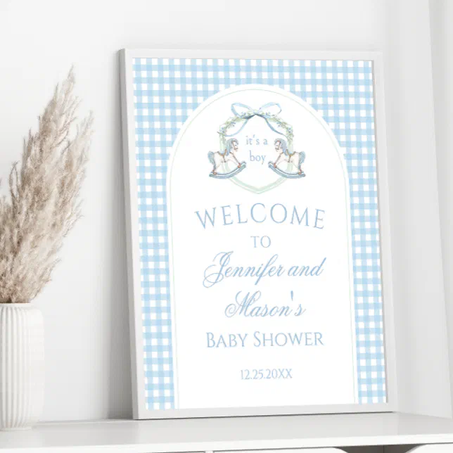 Preppy Blue Rocking Horse Gingham Baby Boy Shower Poster | Zazzle