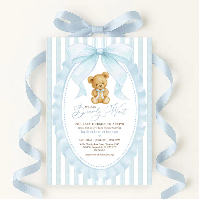 Preppy Blue Teddy Bear Boy Baby Shower Invitation | Zazzle