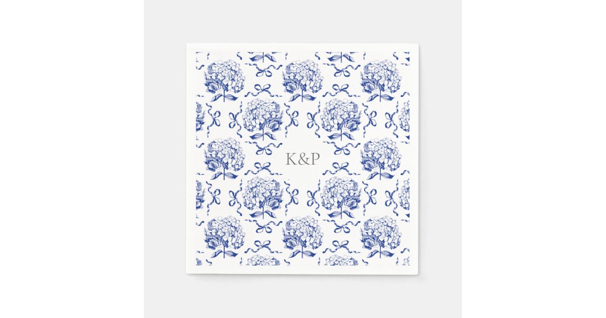 Preppy Blue Toile Hydrangea Bow with Name Napkins | Zazzle