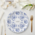 Preppy Blue Toile Hydrangea Bow with Name Paper Plates | Zazzle