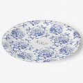 Preppy Blue Toile Hydrangea Bow with Name Paper Plates | Zazzle