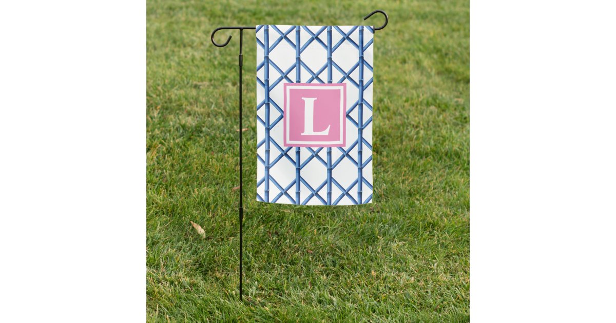 Preppy blue Trellis Bamboo Pattern Monogram Garden Flag | Zazzle