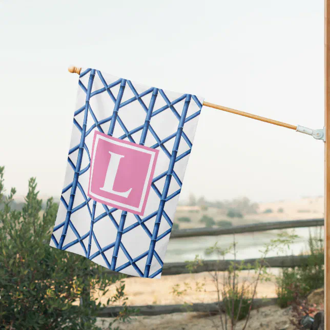 Preppy Blue Trellis Bamboo Pattern Monogram House Flag | Zazzle