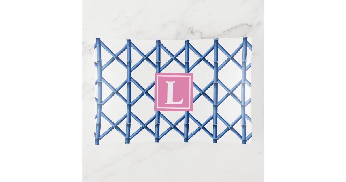 Preppy Blue Trellis Bamboo Pattern Monogram Trinket Tray | Zazzle