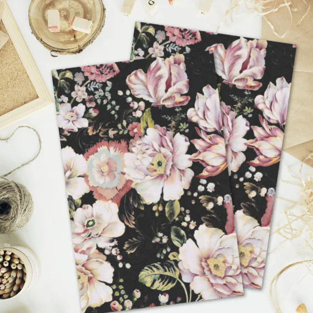 Preppy bohemian country girly chic black floral tissue paper | Zazzle