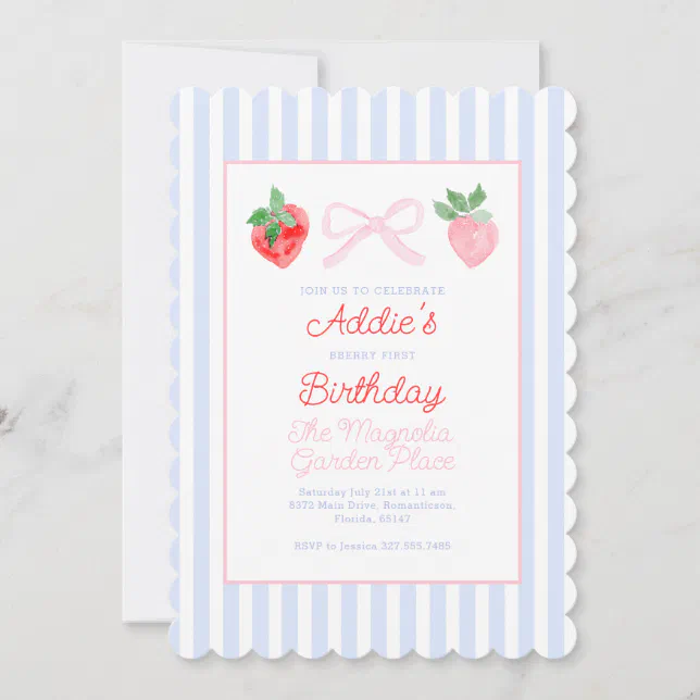 Preppy Bows & Strawberries Berry First Birthday Invitation | Zazzle