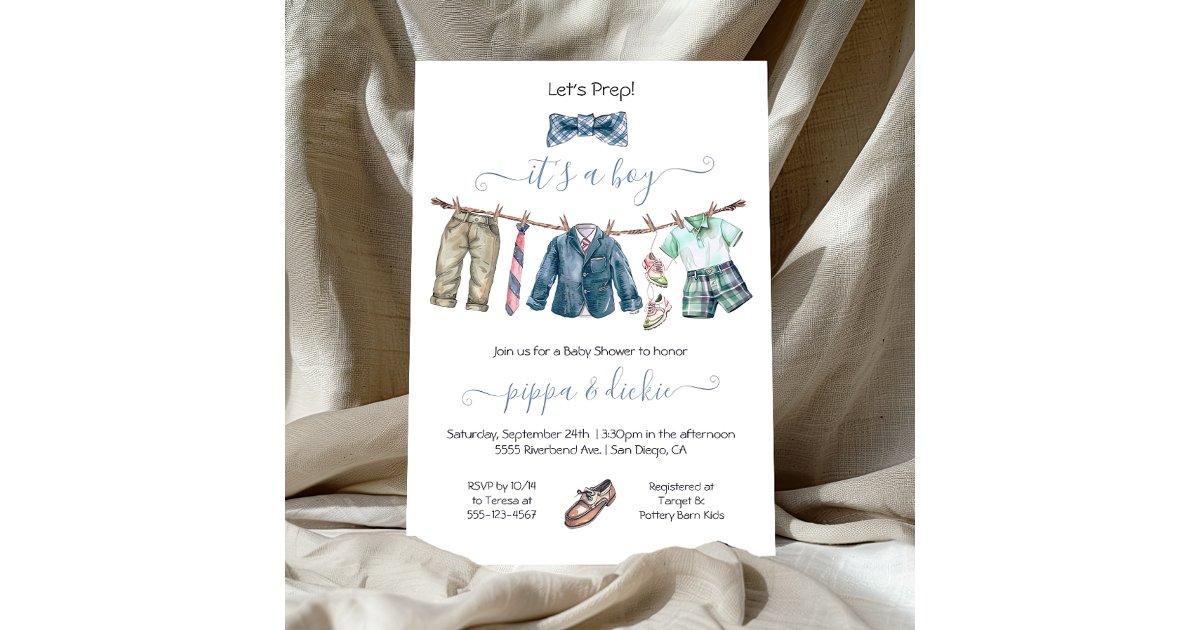 Preppy Boy clothesline Baby Shower Invitation | Zazzle