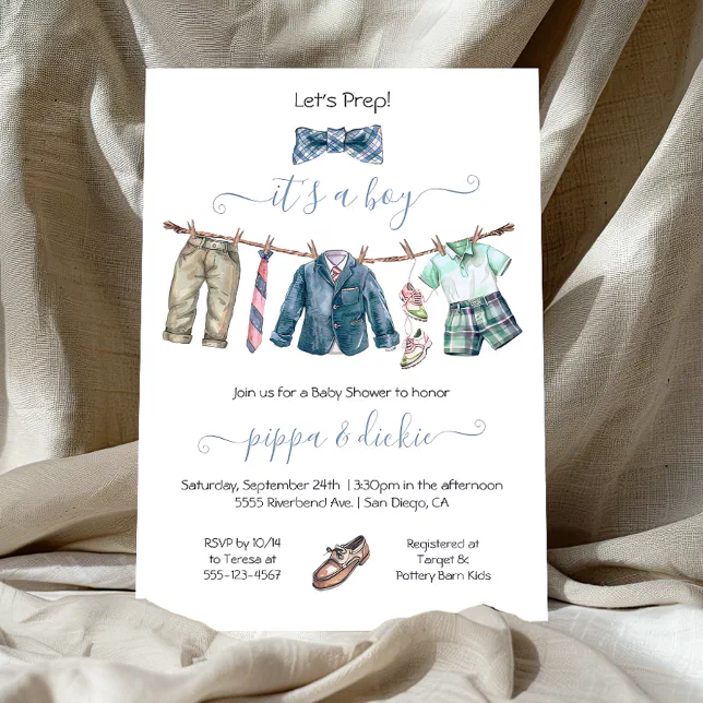 Preppy Boy clothesline Baby Shower Invitation | Zazzle