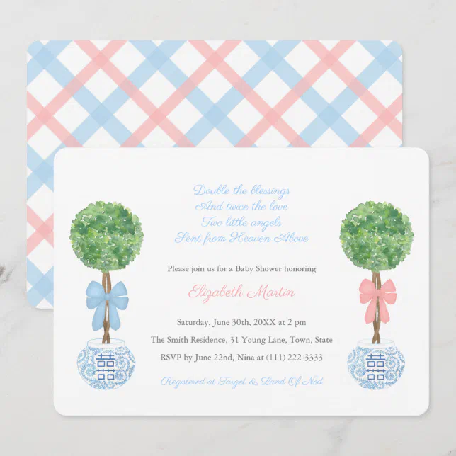 Preppy Boy Girl Twins Pink Blue Ribbon Baby Shower Invitation | Zazzle