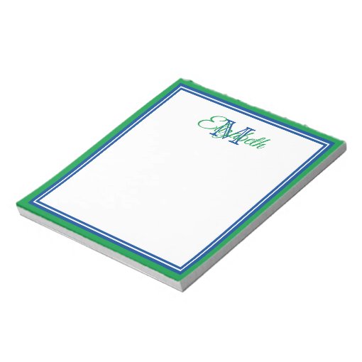 Preppy Bright Kelly Green and Deep Blue Monogram Notepad | Zazzle
