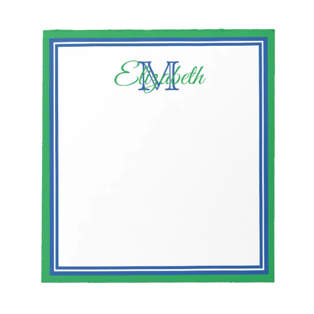 Preppy Bright Kelly Green and Deep Blue Monogram Notepad | Zazzle
