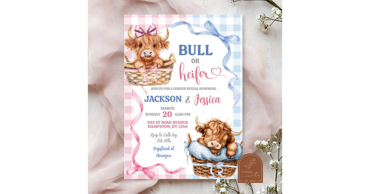 Preppy Bull or Heifer Highland Cow Gender Reveal Invitation | Zazzle