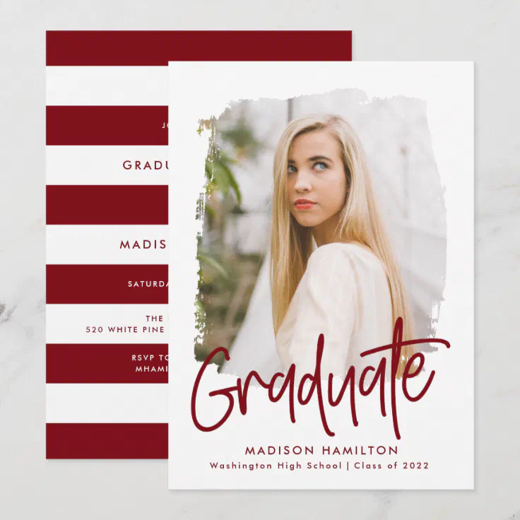 Preppy Burgundy Script Photo Graduation Party Invitation | Zazzle