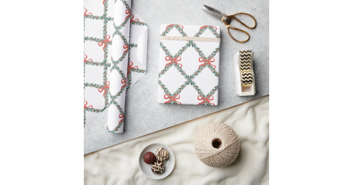 Preppy Christmas Trellis with Little Red Bows Wrapping Paper | Zazzle