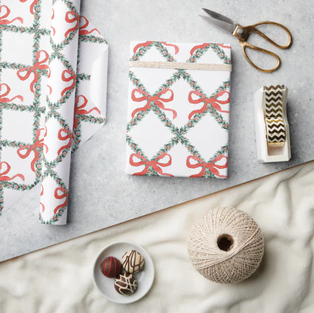 Preppy Christmas Trellis with Red Bows Wrapping Paper | Zazzle