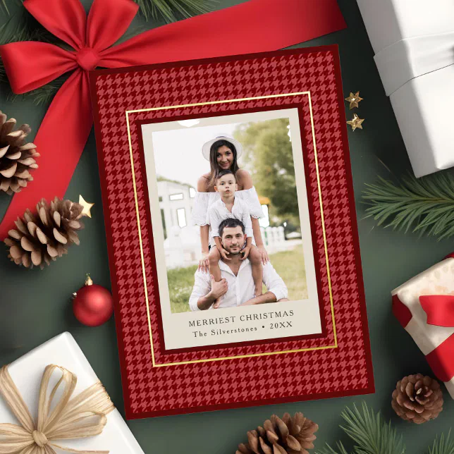 Preppy Classic Red Houndstooth Christmas Photo Foil Holiday Card | Zazzle