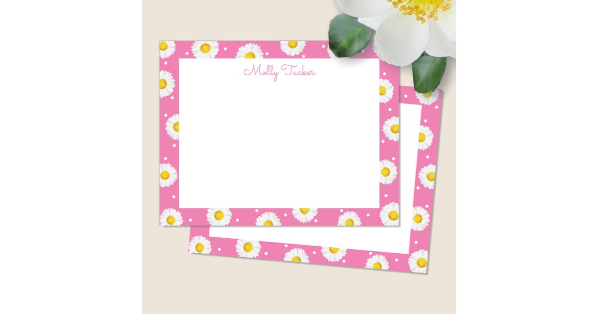 Preppy Daisies Floral Watercolor Pink and Yellow Note Card | Zazzle