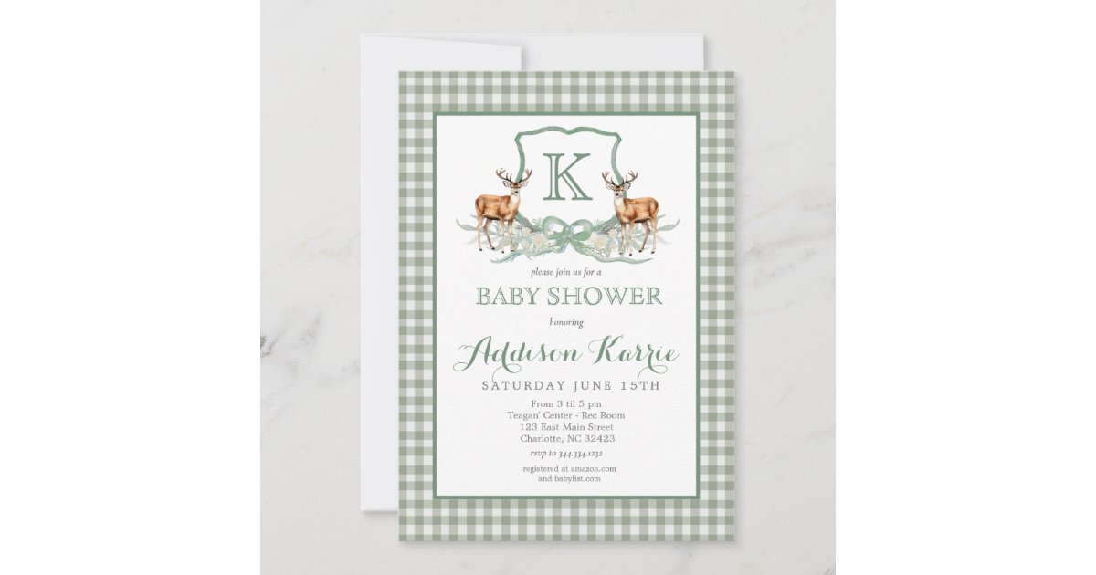 Preppy Deer Gingham Crest Baby Shower Invitation | Zazzle