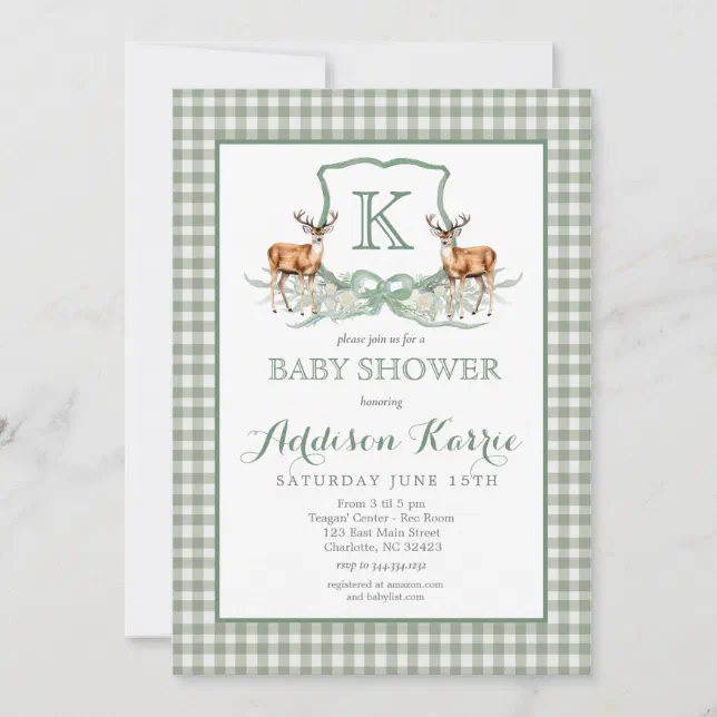 Preppy Deer Gingham Crest Baby Shower Invitation | Zazzle