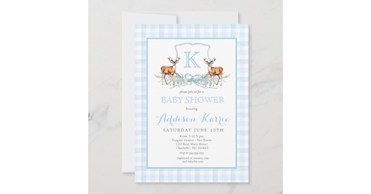 Preppy Deer Gingham Crest Baby Shower Invitation | Zazzle