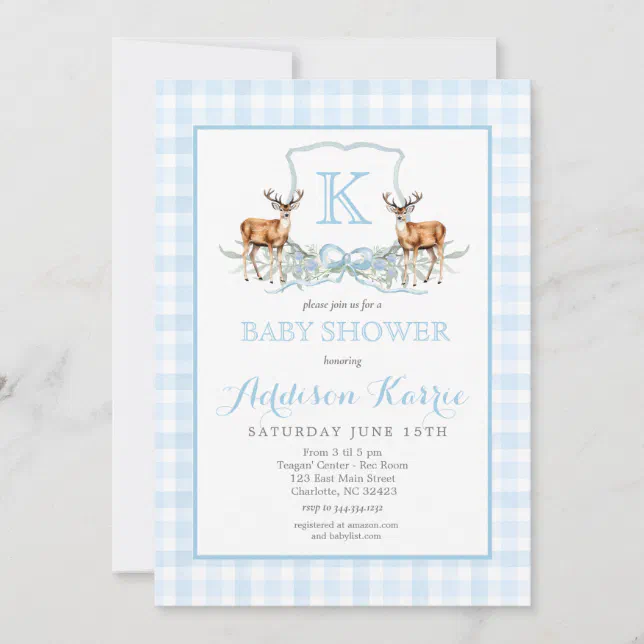 Preppy Deer Gingham Crest Baby Shower Invitation | Zazzle