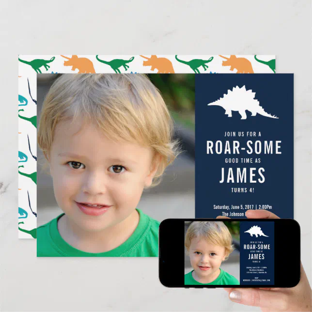 Preppy Dinosaur Silhouette Birthday Party Photo Invitation | Zazzle